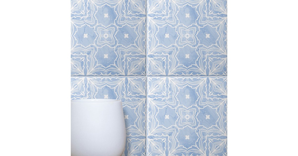 Blue White Symmetrical Pattern with Marble Look Ceramic Tile | Zazzle