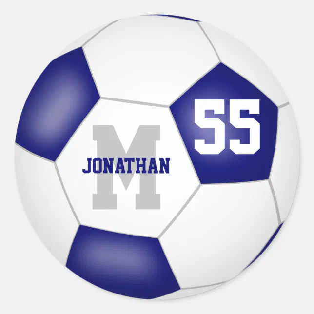 blue white team colors soccer ball personalized classic round sticker ...