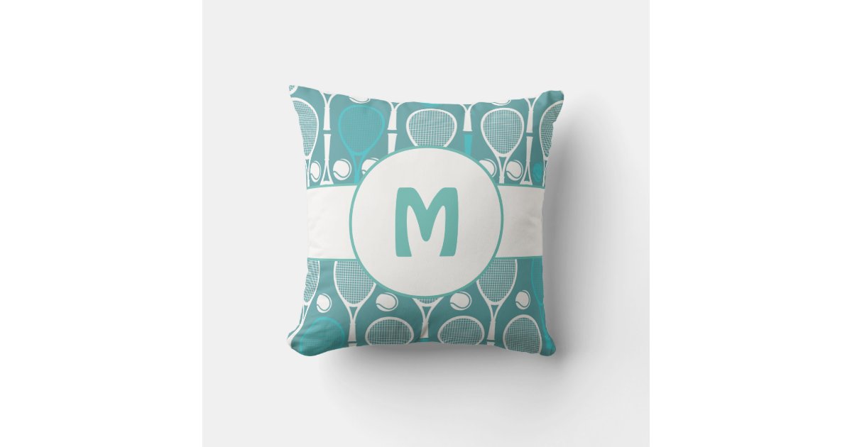 Blue & White Tennis Rackets Balls Player Name Cute Throw Pillow | Zazzle