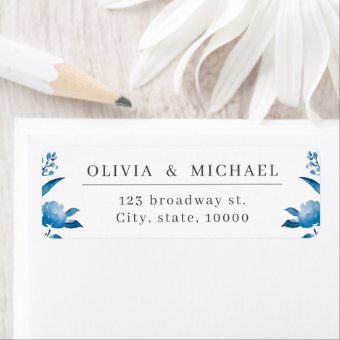 Blue & white watercolor floral return address label | Zazzle