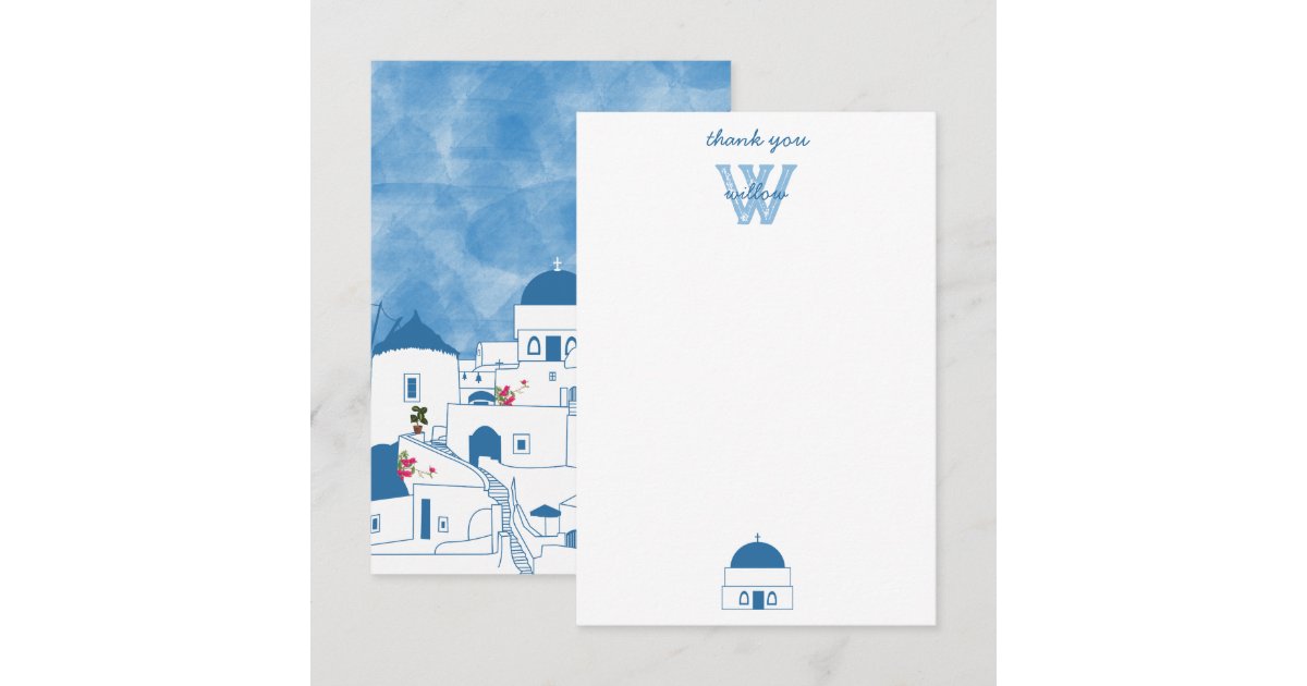 Blue & White Watercolor Santorini Greece Thank You Card | Zazzle