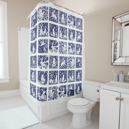 Blue White Woodland Forest Animal Tile Rabbit Bear Shower Curtain ...