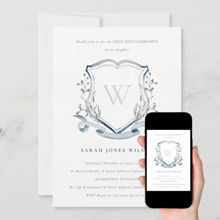 Blue Wildflower Initial Crest First Holy Communion Invitation | Zazzle
