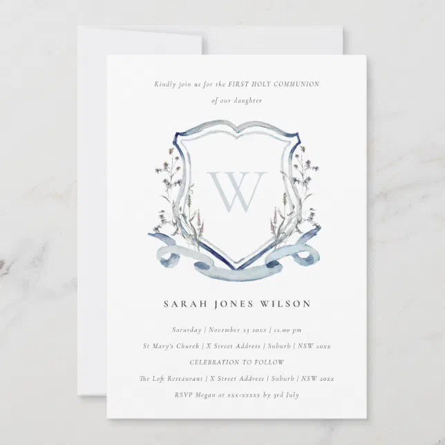 Blue Wildflower Initial Crest First Holy Communion Invitation | Zazzle