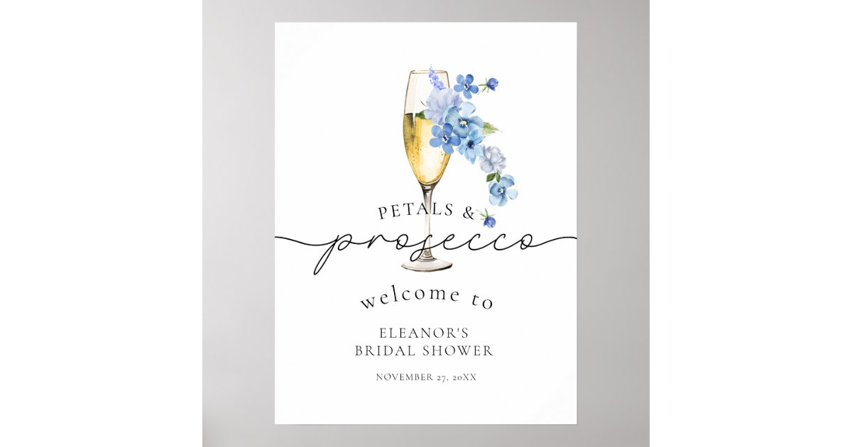Blue Wildflower Petals & Prosecco Bridal Shower Poster | Zazzle