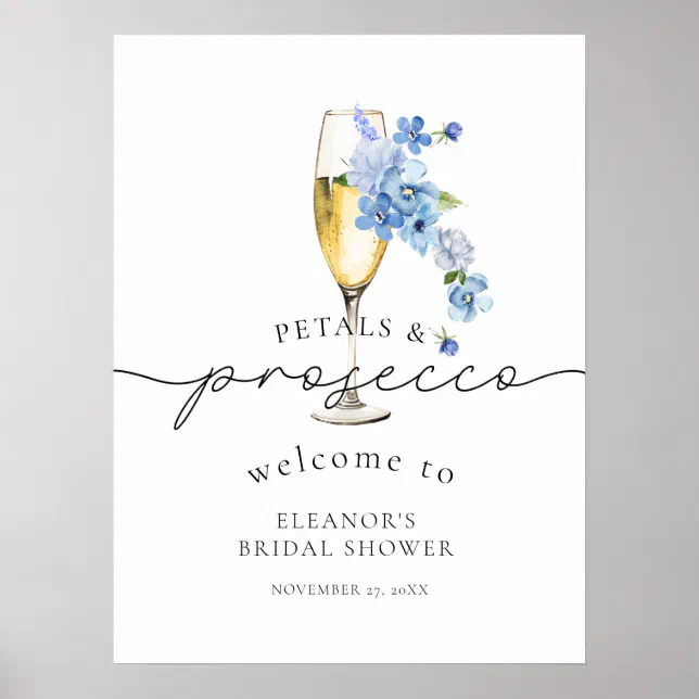 Blue Wildflower Petals & Prosecco Bridal Shower Poster | Zazzle
