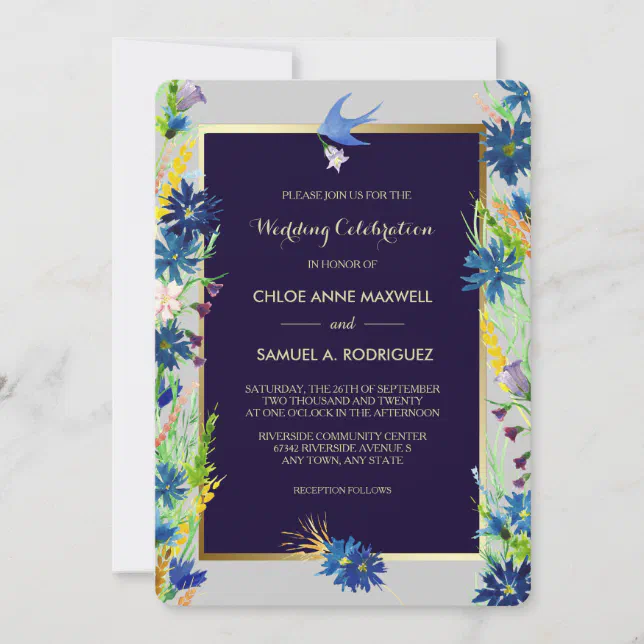 Blue Wildflowers Border Wedding Invitation | Zazzle