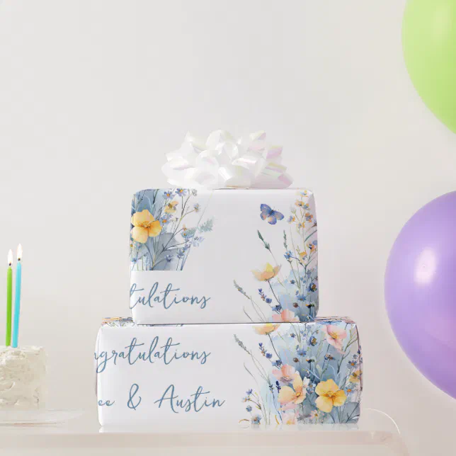 Blue Wildflowers Wedding/Shower Congratulations Wrapping Paper | Zazzle