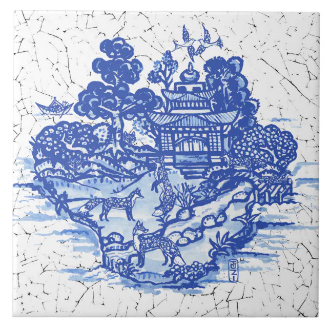 Blue Willow Fox Foxes Floral Antique Pagoda Bird Ceramic Tile | Zazzle
