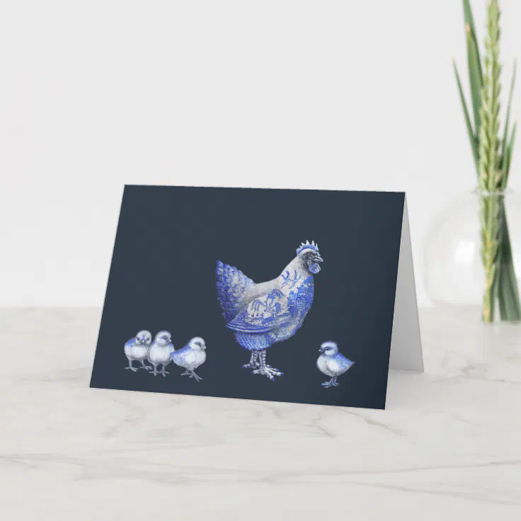 Blue Willow Hen and Chicks Greeting Card | Zazzle