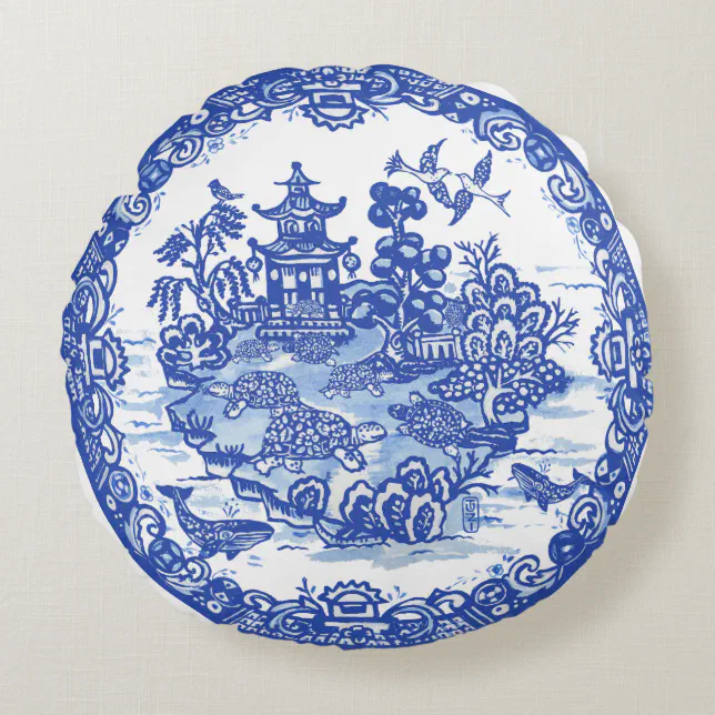Blue Willow Isle of Turtles Whimsical Garden Round Pillow | Zazzle