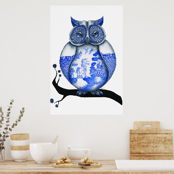 Blue Willow Owl Poster | Zazzle