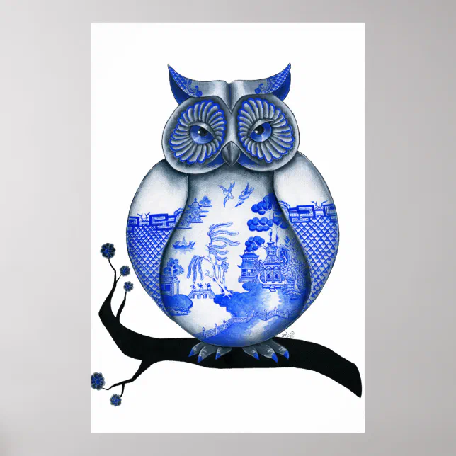 Blue Willow Owl Poster | Zazzle