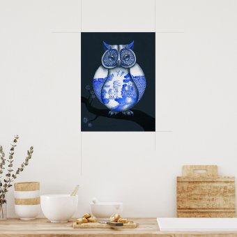 Blue Willow Owl Poster | Zazzle