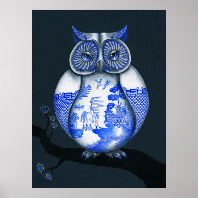 Blue Willow Owl Poster | Zazzle