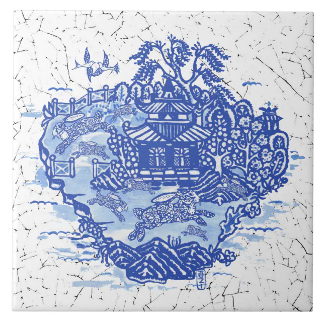 Blue Willow Rabbit Isle Willow Antique Fantasy Art Ceramic Tile | Zazzle
