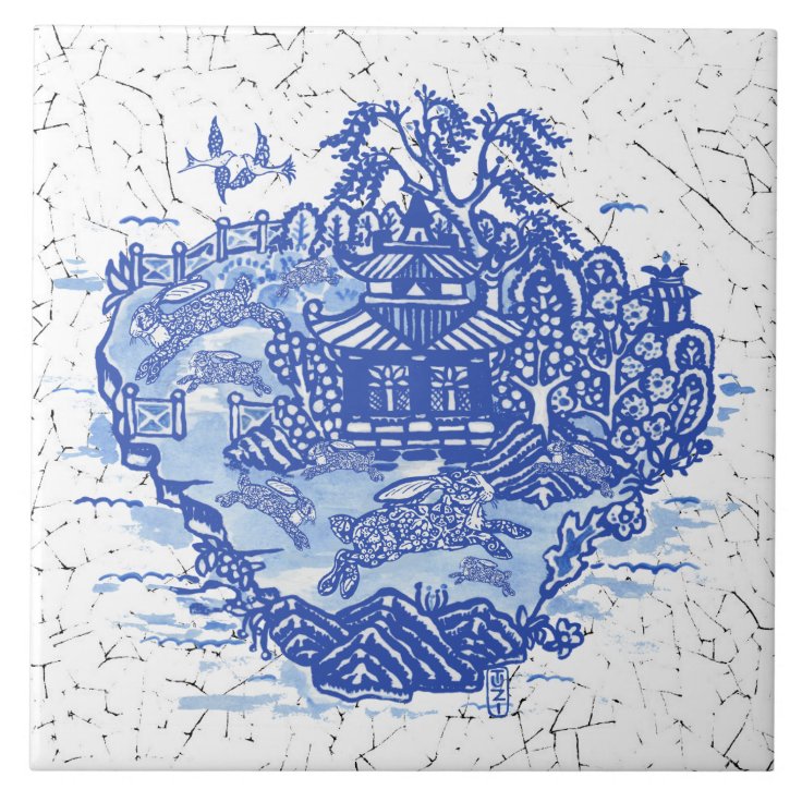 Blue Willow Rabbit Isle Willow Antique Fantasy Art Ceramic Tile | Zazzle