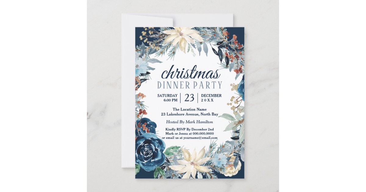 Blue Winter Frost Holiday Wreath Party Invitation | Zazzle