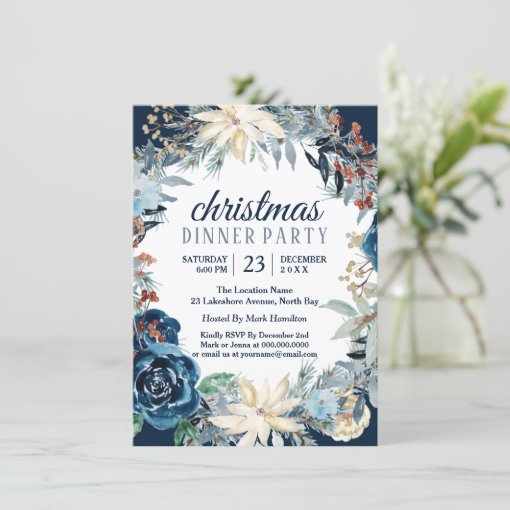 Blue Winter Frost Holiday Wreath Party Invitation | Zazzle