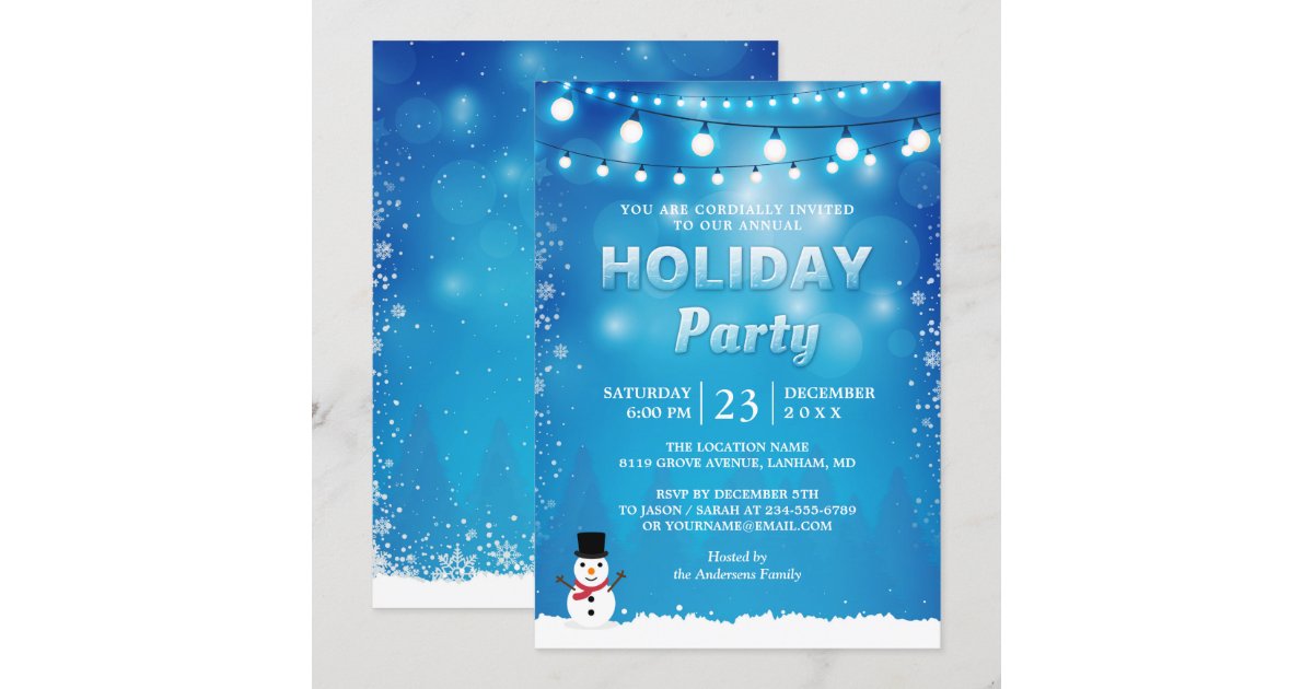 Blue Winter Holiday Party String Lights Snowflakes Invitation | Zazzle
