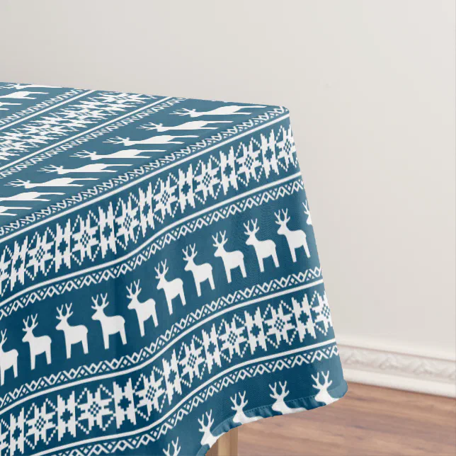 Blue Winter Holiday Snowflake Reindeer Pattern Tablecloth | Zazzle