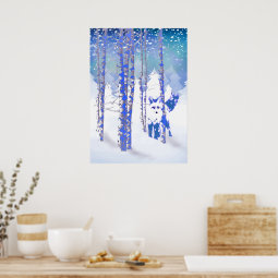 Blue Winter Snow Forest Fox Animal Foxes Christmas Poster | Zazzle