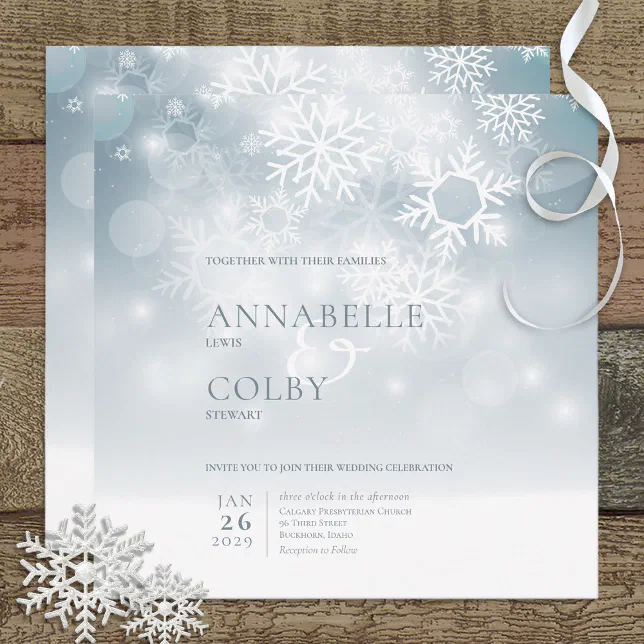 Blue Winter Snow Modern Square Wedding Invitation | Zazzle