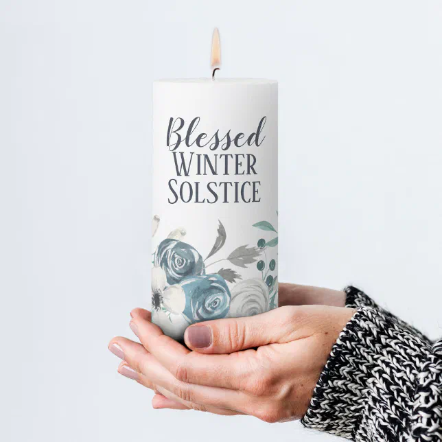 Blue Winter Solstice Floral Yule Roses Pillar Candle | Zazzle