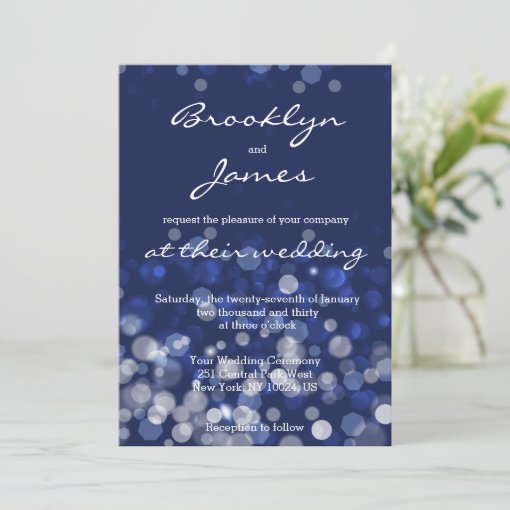 Blue Winter Themed Wedding Invitations Bokeh | Zazzle