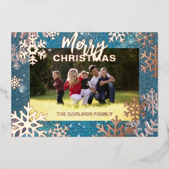 Blue Winter Wonderland Merry Christmas Photo Foil Holiday Card | Zazzle