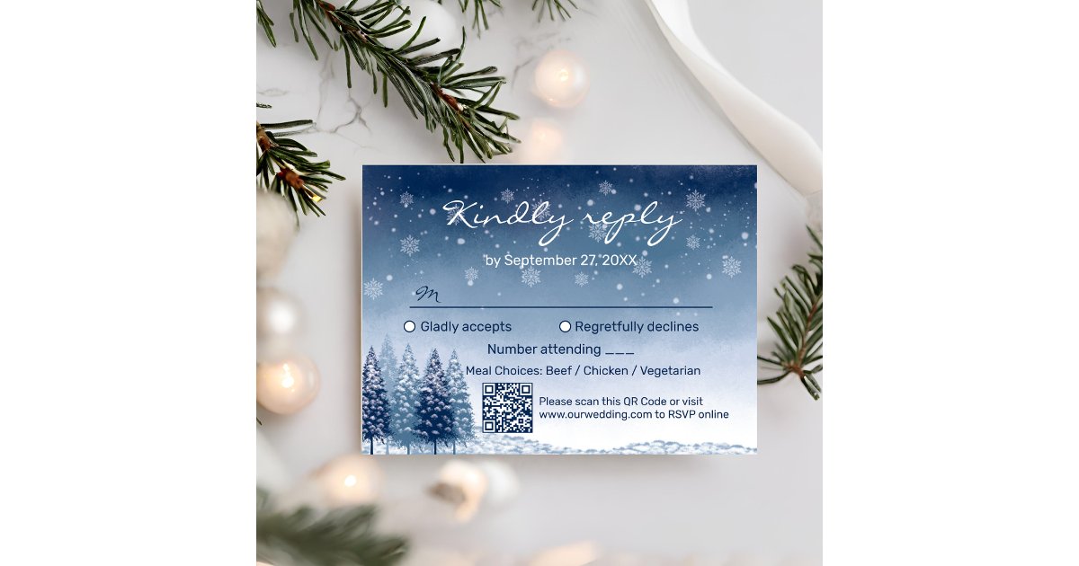 Blue Winter Wonderland QR Code Wedding RSVP Card | Zazzle