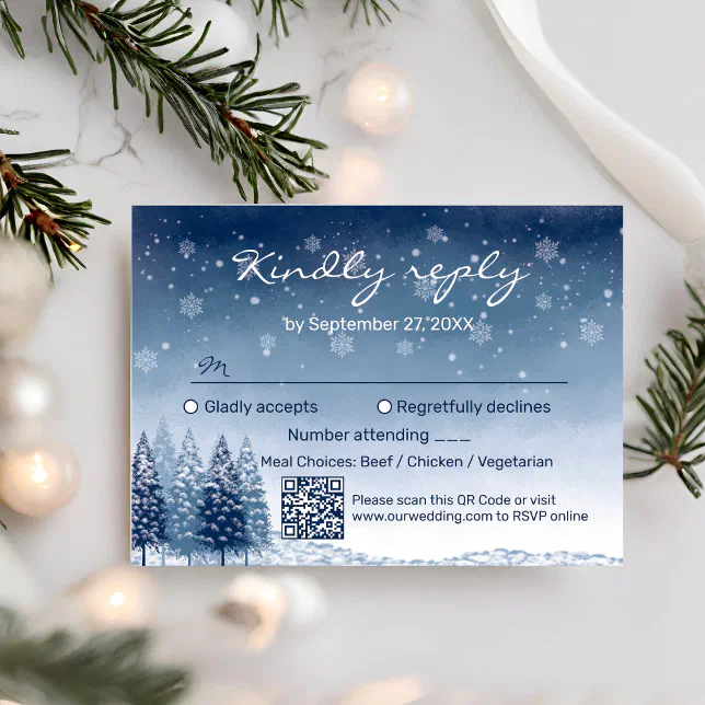 Blue Winter Wonderland QR Code Wedding RSVP Card | Zazzle