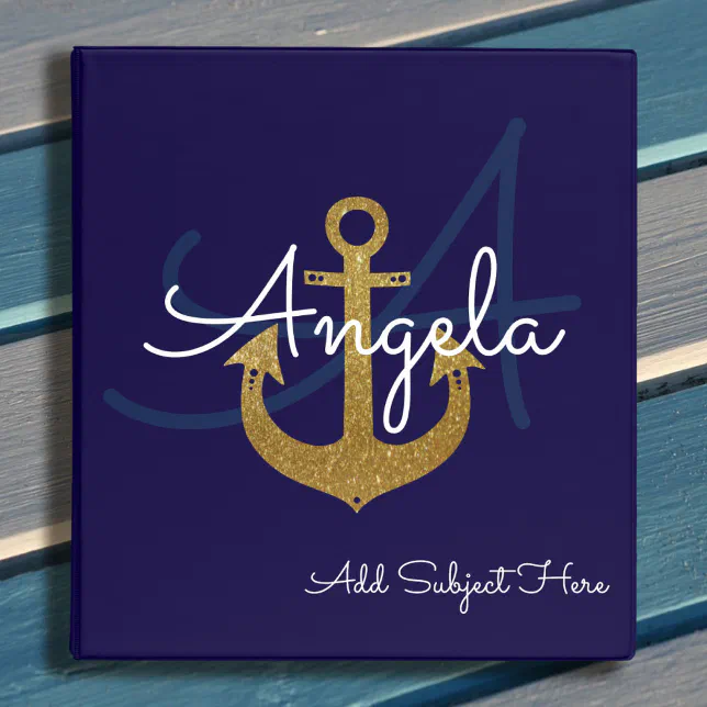 blue with golden anchor, nautical & custom binder | Zazzle