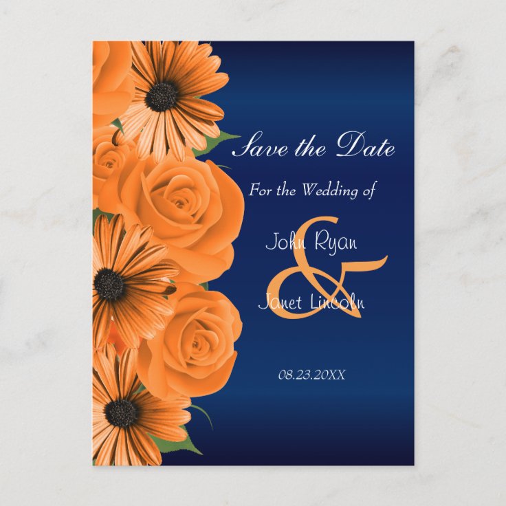 Blue with Orange Rose & Daisy - Save The Date Announcement Postcard ...