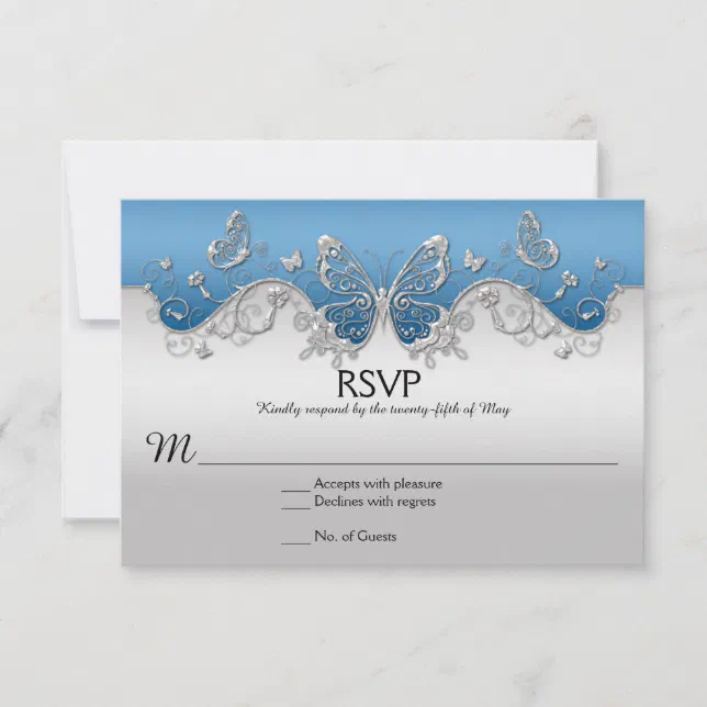 Blue with Ornate Silver Butterflies RSVP Card | Zazzle