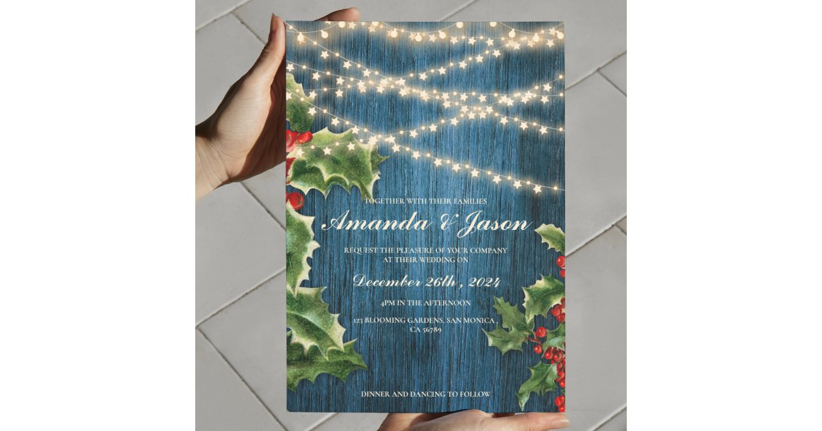 Blue Wood Light Berry Christmas wedding Invitation | Zazzle
