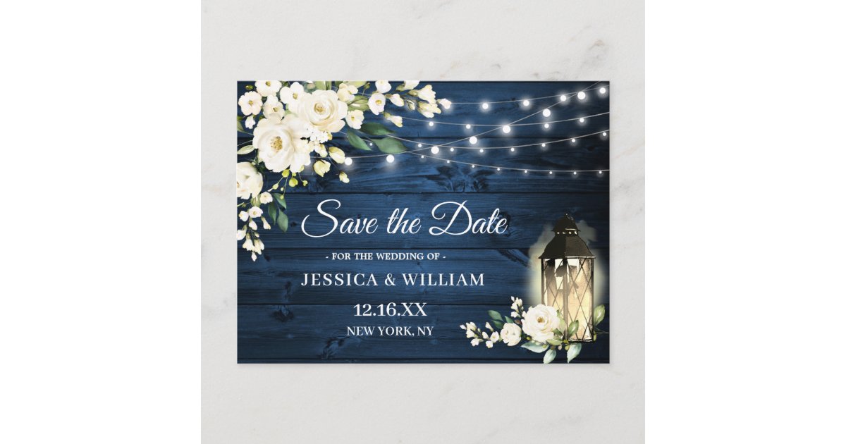 Blue Wood White Roses Rustic Wedding Save the Date Postcard | Zazzle