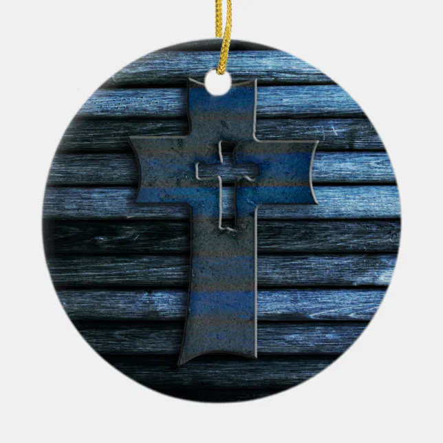 Blue Wooden Cross Ceramic Ornament | Zazzle