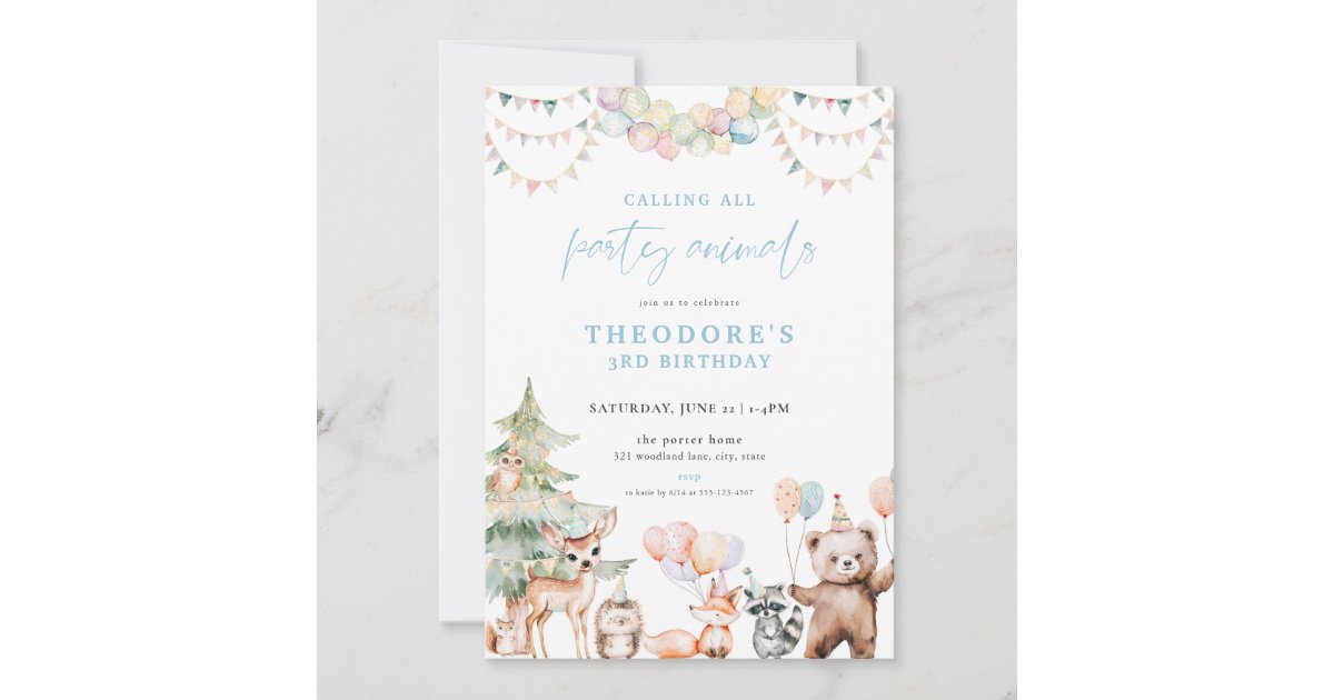 Blue Woodland Party Animals Birthday Invitation | Zazzle