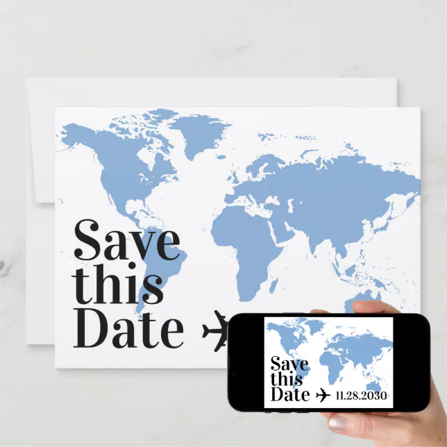 Blue World Map and Airplane Heart Bold Destination Save The Date | Zazzle