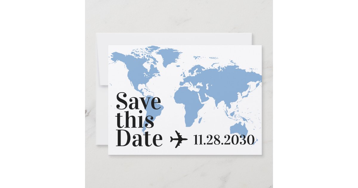 Blue World Map and Airplane Heart Bold Destination Save The Date | Zazzle