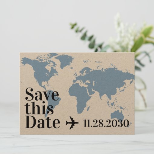 Blue World Map and Airplane Heart Bold Destination Save The Date | Zazzle