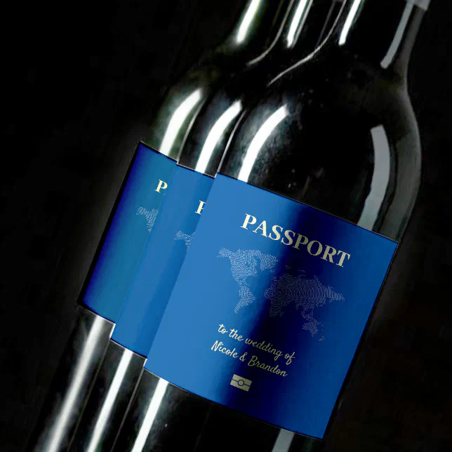 Blue World Map Passport Destination Wedding Wine Label | Zazzle