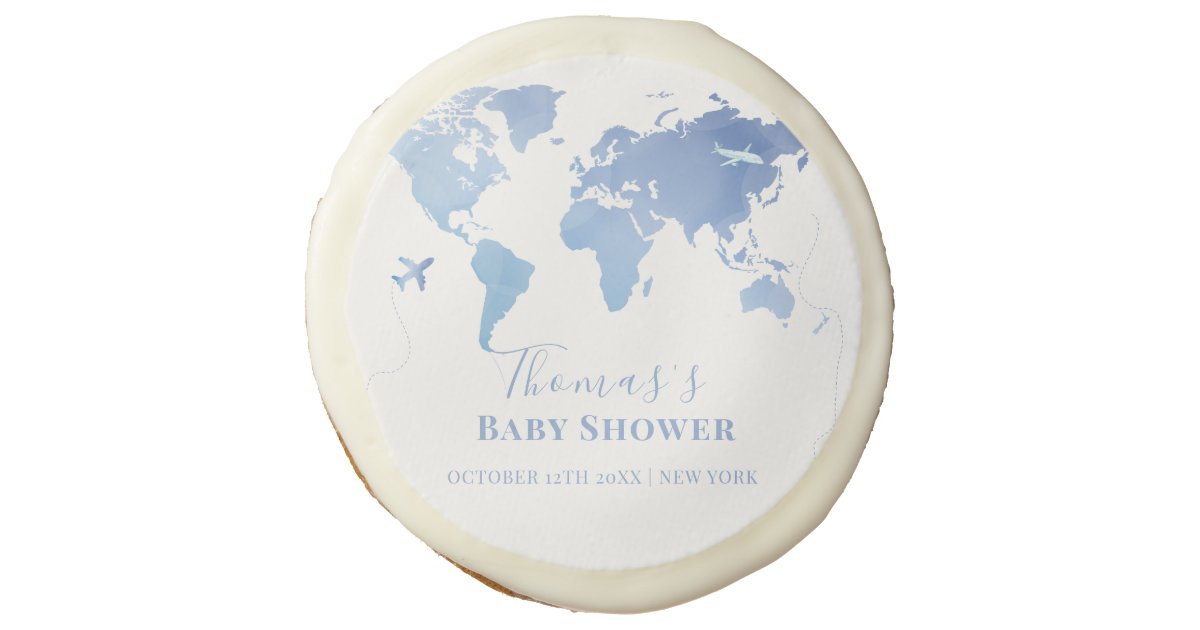 Blue World Map Travel Adventure Baby Shower Sugar Cookie | Zazzle