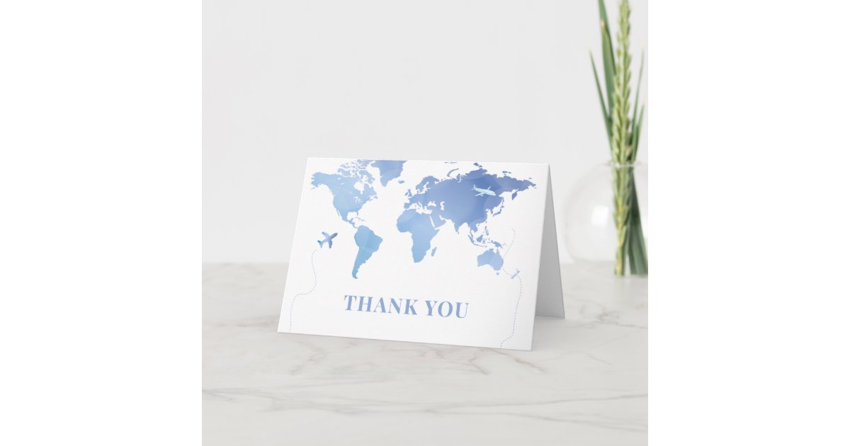 Blue World Map Travel Adventure Baby Shower Thank You Card | Zazzle