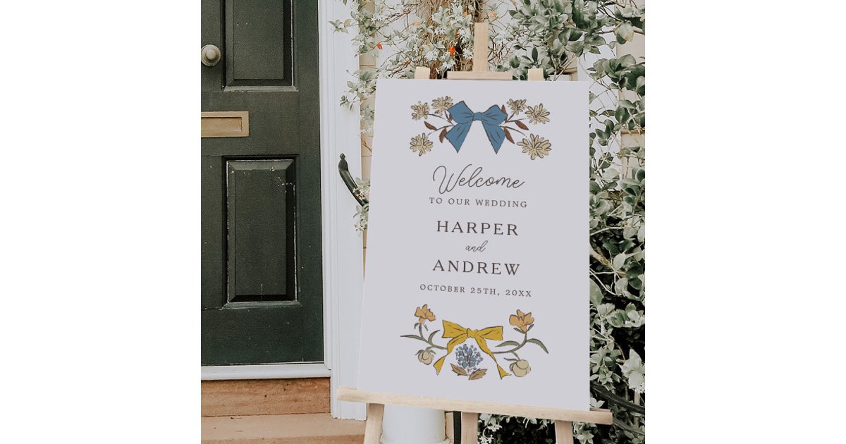 Blue Yellow Bows Flowers Wedding Welcome Sign | Zazzle