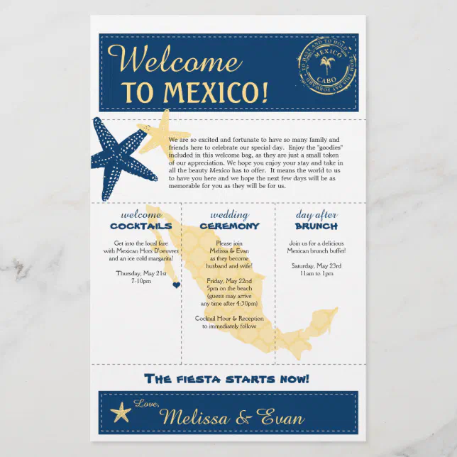 Blue Yellow Cabo Mexico Wedding Welcome Letter | Zazzle