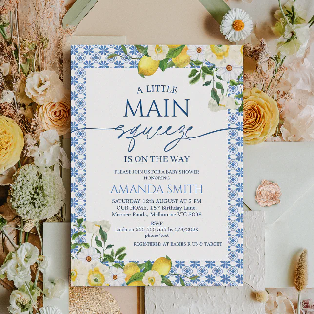 Blue Yellow Floral Lemon Main Squeeze Baby Shower Invitation | Zazzle