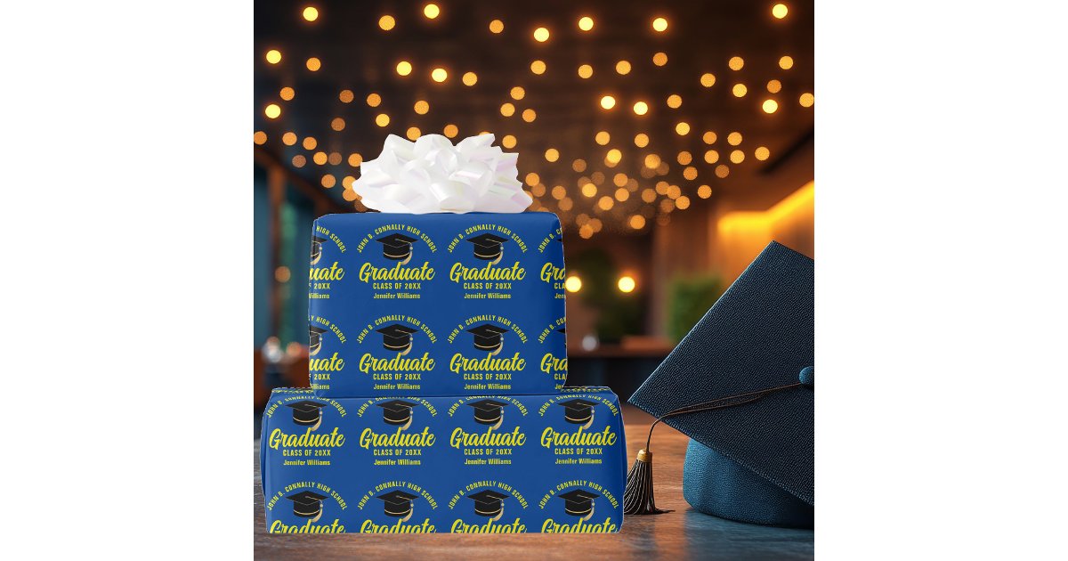 Blue Yellow Graduate Customizable Graduation Wrapping Paper | Zazzle