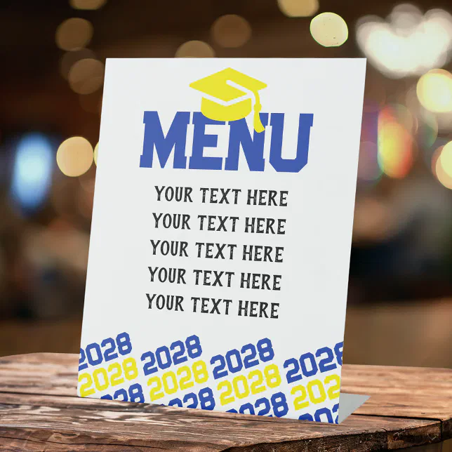 Blue & Yellow Graduation Menu Party Pedestal Sign | Zazzle